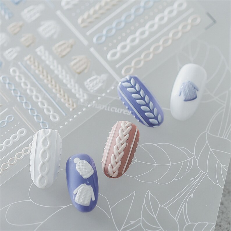 Knit Sweater Nail Art Stickers Self Decals/ Fall Winter 3D Embossed ...