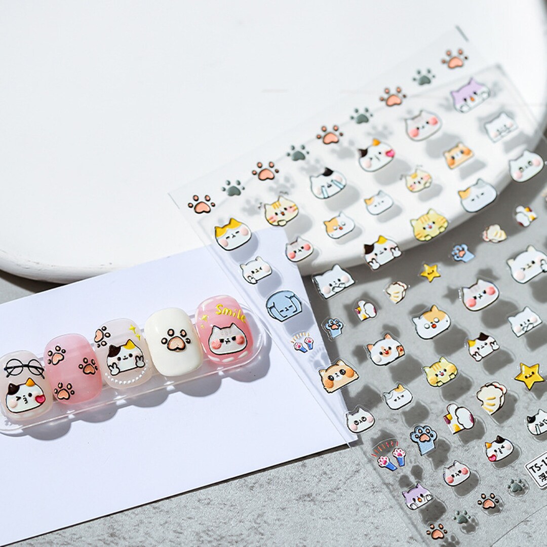 Self-adhesive 3D Embossed Cartoon Cat Nail Stickers, Silly Kitties, DIY ...