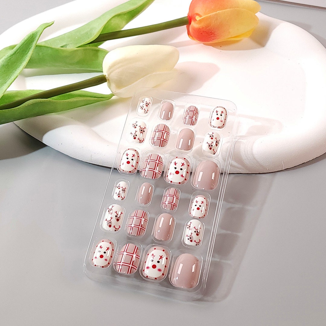 24pcs Cartoon Press on Children Nails, Christmas Elk False Nail Tips ...