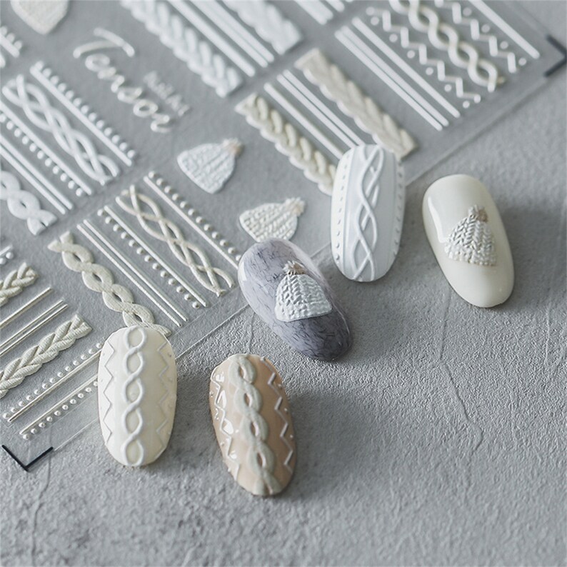 Knit Sweater Nail Art Stickers Self Decals/ Fall Winter 3D Embossed ...