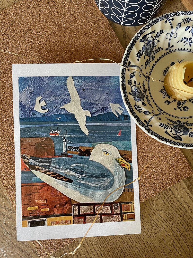A5 Size Art Print of Mixed Media Collage Original Seagull on a Rooftop ...