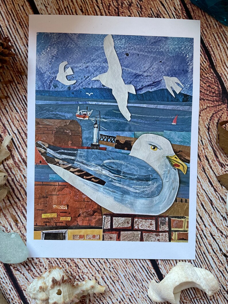A5 Size Art Print of Mixed Media Collage Original Seagull on a Rooftop ...