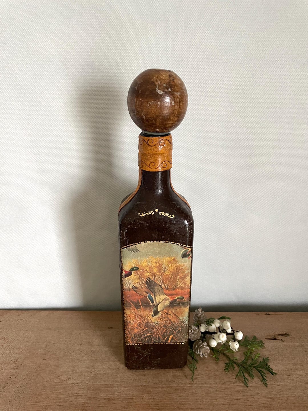 Vintage Pheasant Leather Covered Bottle Decanter Hunting Decanter ...
