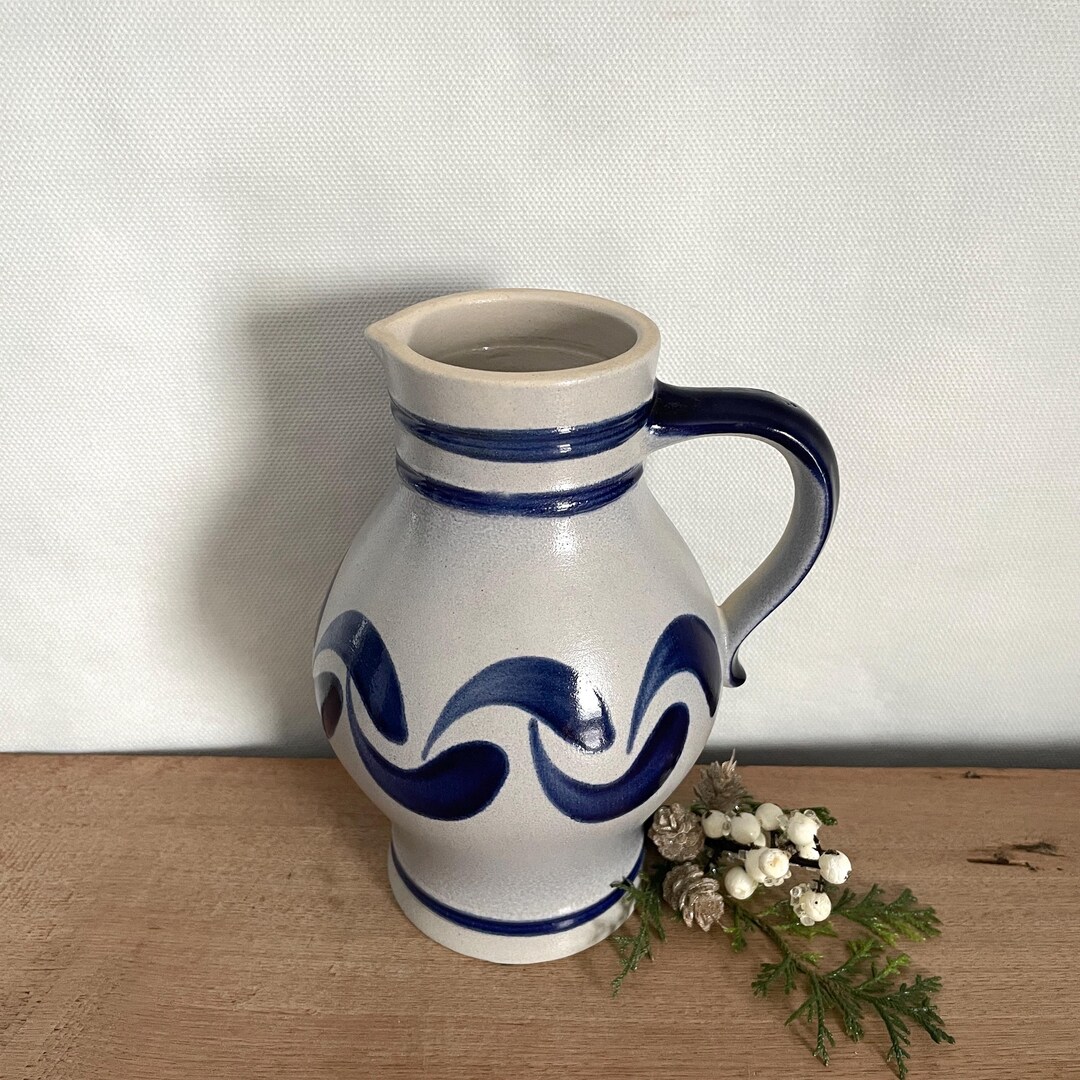 Vintage Blue and White Pitcher, Vintage Pottery Pitcher, Kitchen Decor ...