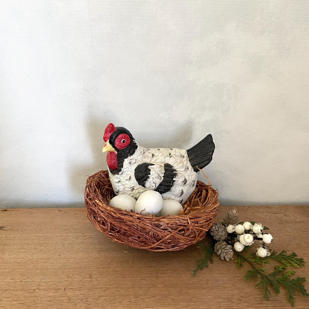 Mini Handmade Ceramic Chicken With Eggs and Nest, Vintage Chicken ...