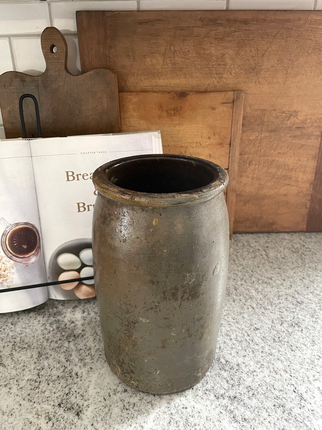 Tall Stoneware Crock, Vintage Crock, Utensil Crock, Kitchen Decor ...