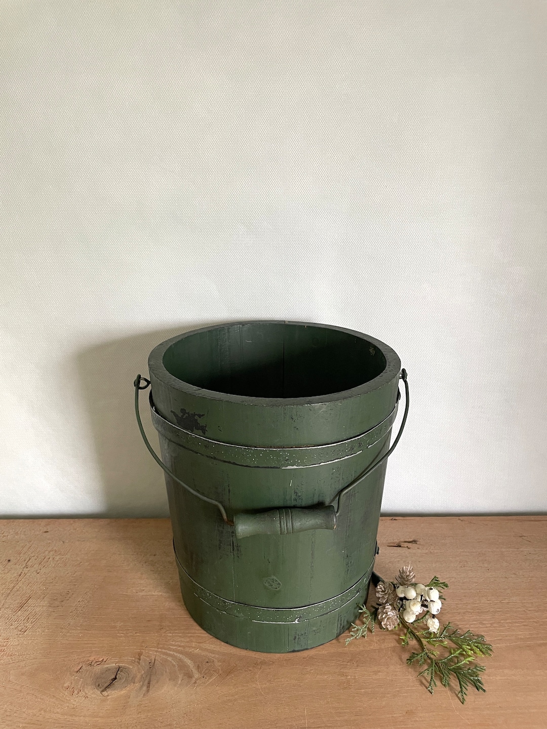 Green Barrel Bucket, Green Wood Bucket, Vintage Barrel Bucket, Vintage ...