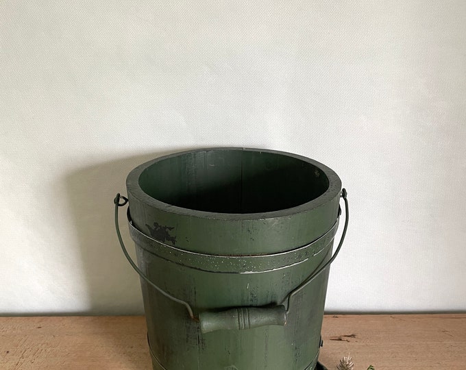 Green Barrel Bucket, Green Wood Bucket, Vintage Barrel Bucket, Vintage ...