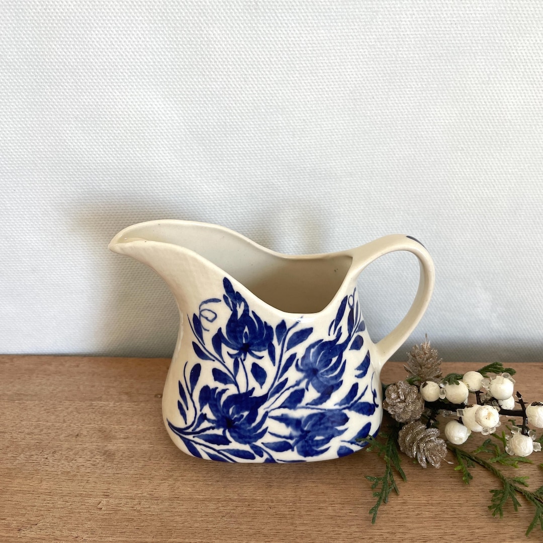 Handpainted Blue and White Pitcher, Small White Pitcher, Ceramic ...
