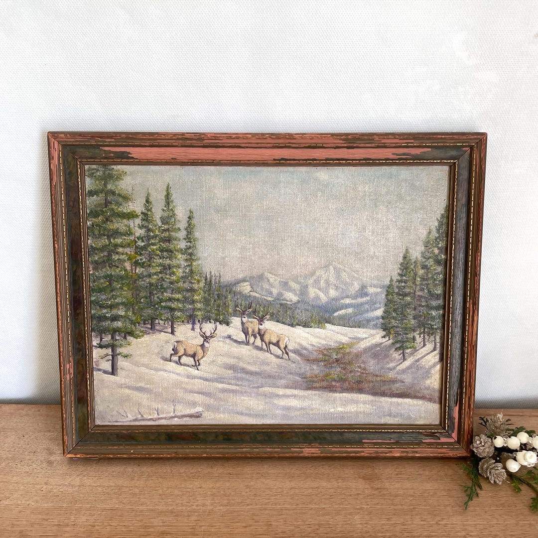 Vintage Landscape Oil Painting, Elk Oil Painting, Vintage Mountain ...