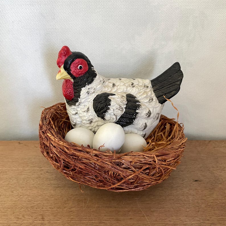 Mini Handmade Ceramic Chicken With Eggs and Nest, Vintage Chicken ...