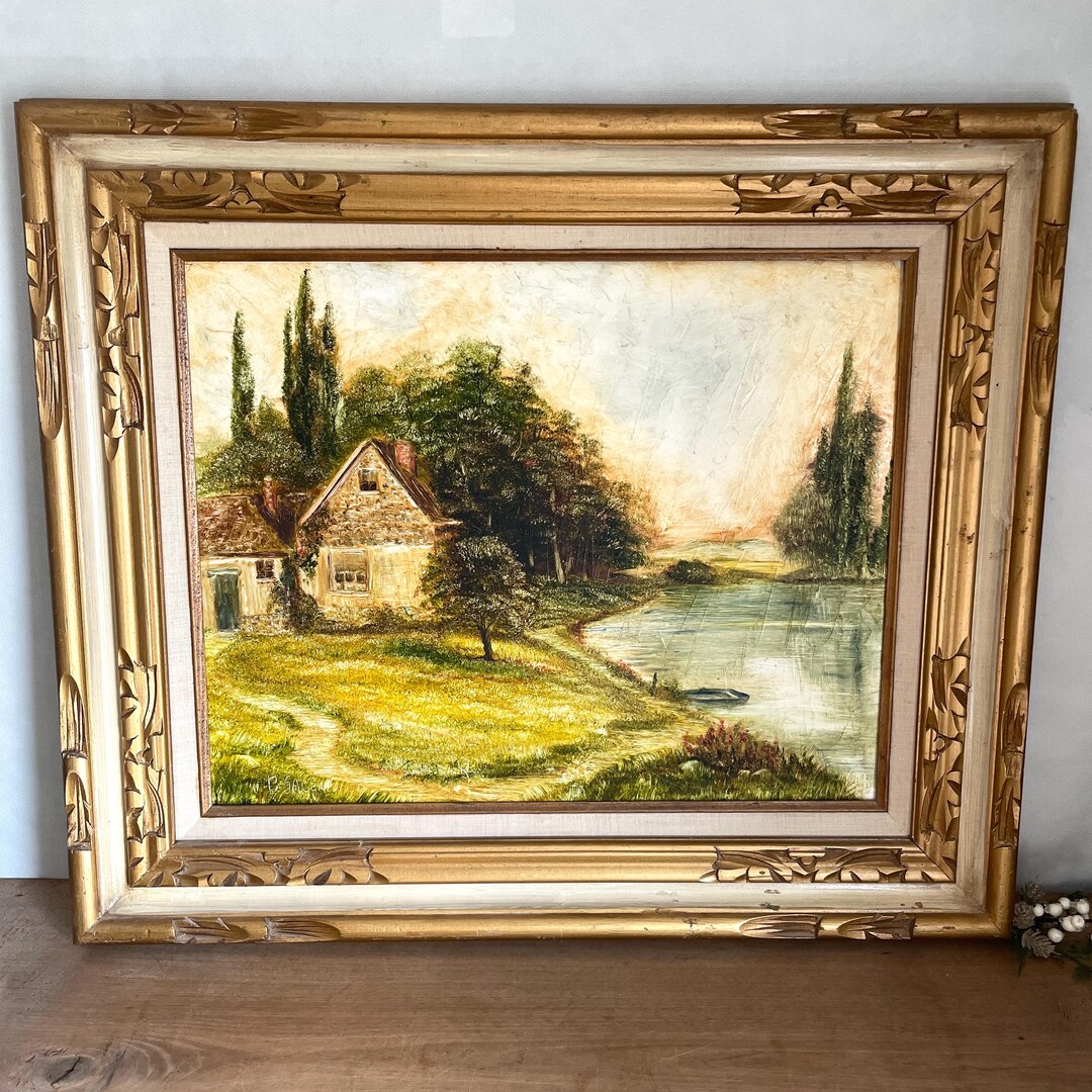 Original Cottage Painting Still Life Vintage Landscape Wall Art Ornate ...