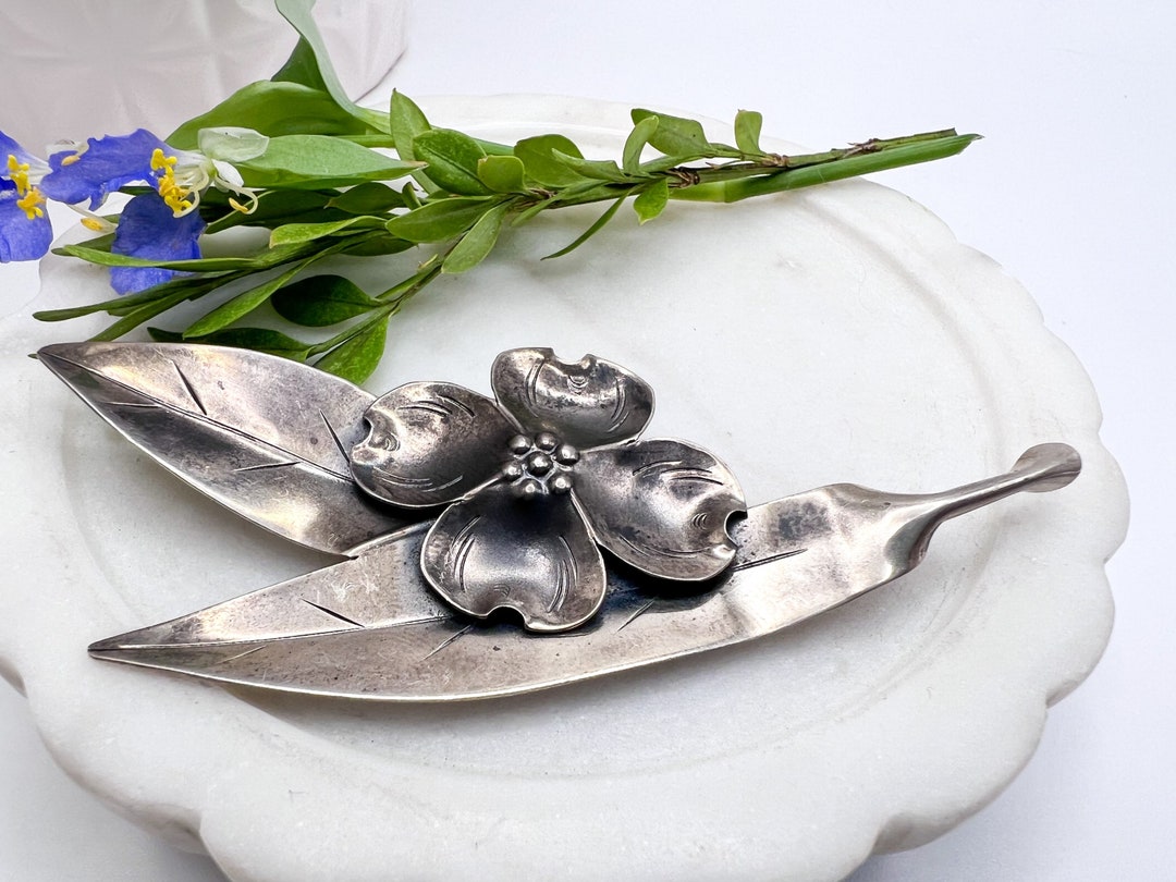 Vintage Two Leaf Sterling Silver Flower Pin - Etsy