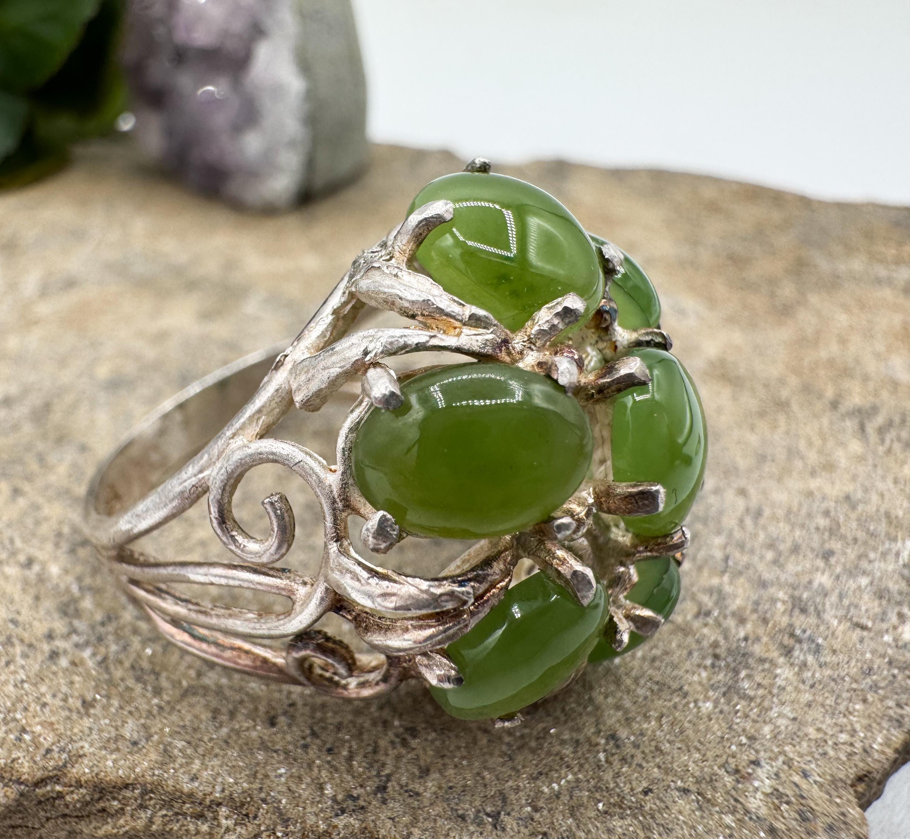 Vintage Light Green Nephrite Jade + Sterling Silver Cluster Ring, Size ...
