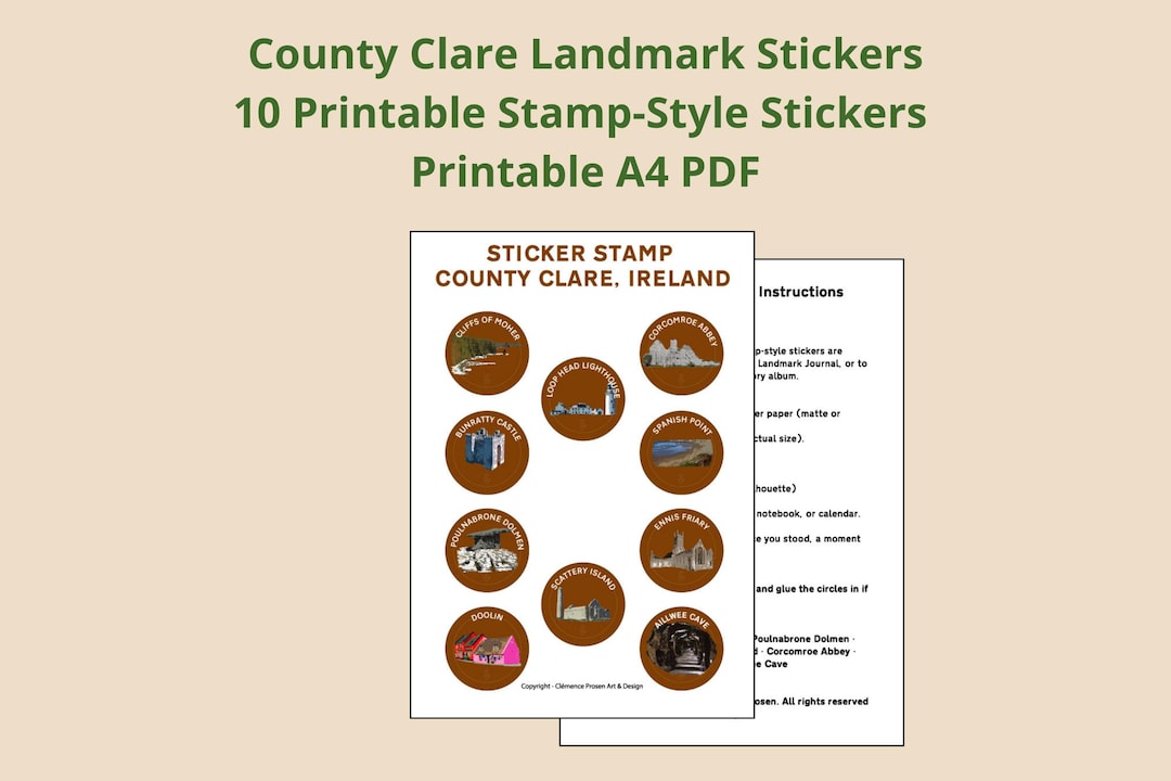 County Clare Landmark Printable Stickers – 2x2” Round Stamp-style for ...