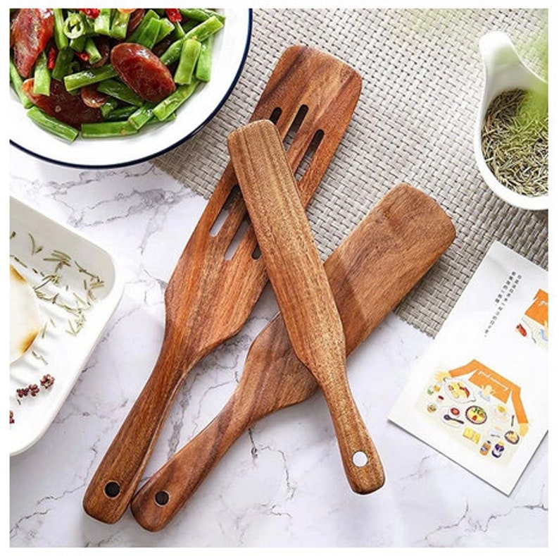 5 Pieces Set Kitchen Wooden Spatula, Nonstick Cooking Utensil With ...