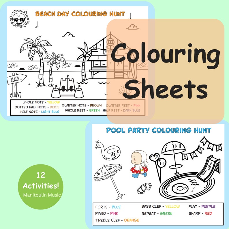 Summer Music Activity Pack 12 Pages Colouring Note Speller Music Teach ...