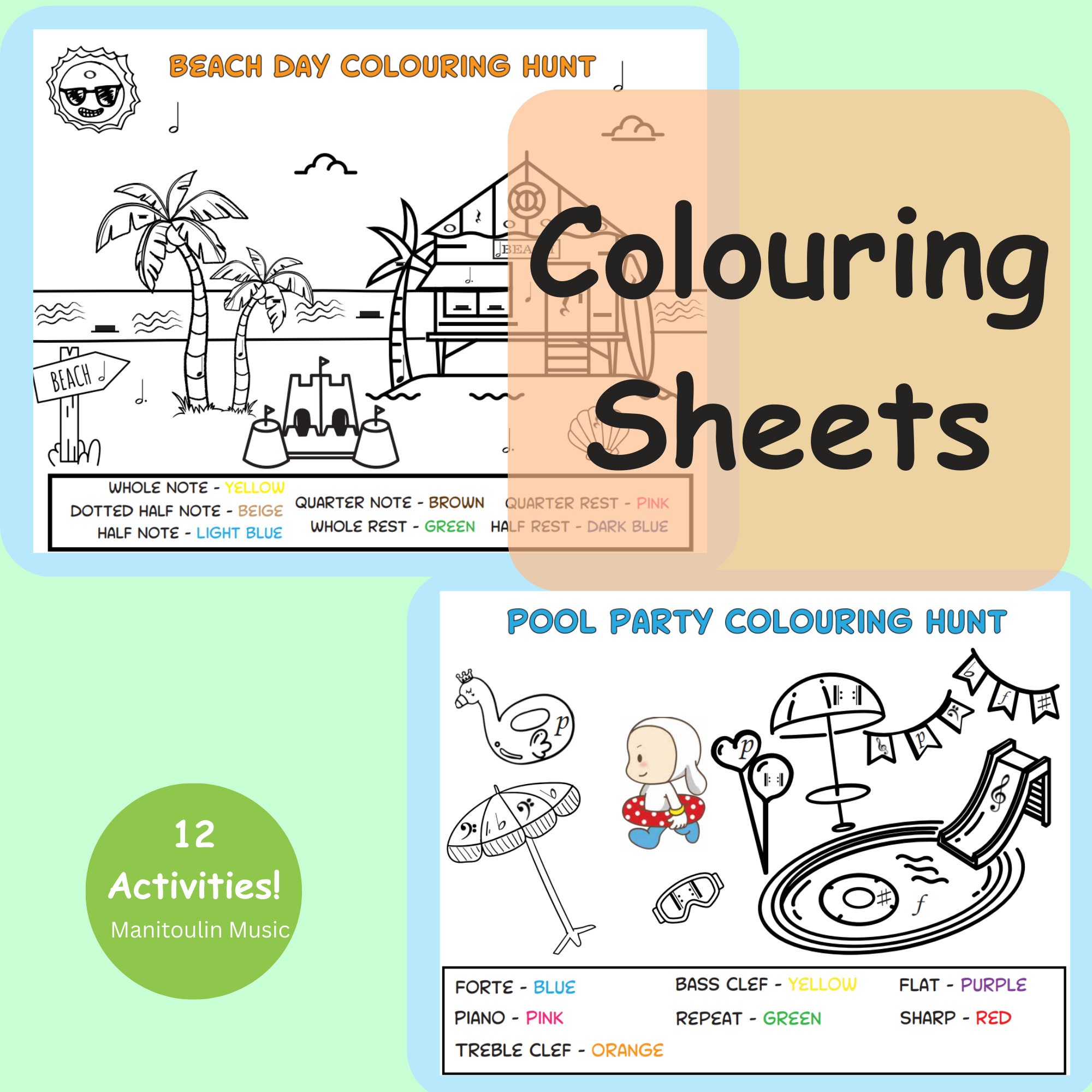 Summer Music Activity Pack 12 Pages Colouring Note Speller Music Teach ...