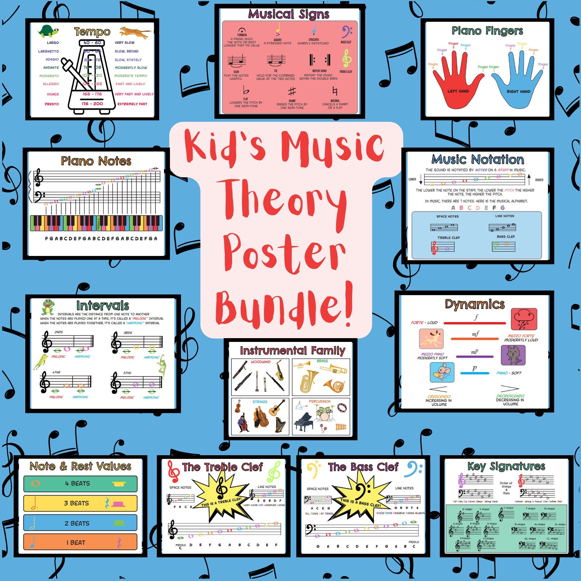 Ultimate Kids Music Theory Poster Bundle | 12 Posters | Colourful and ...