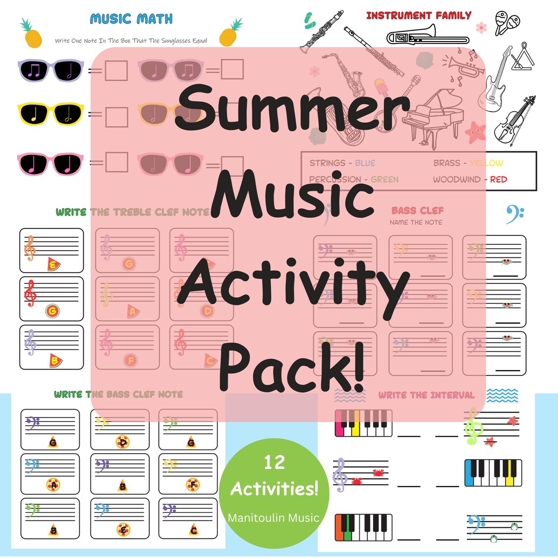 Summer Music Activity Pack 12 Pages Colouring Note Speller Music Teach ...