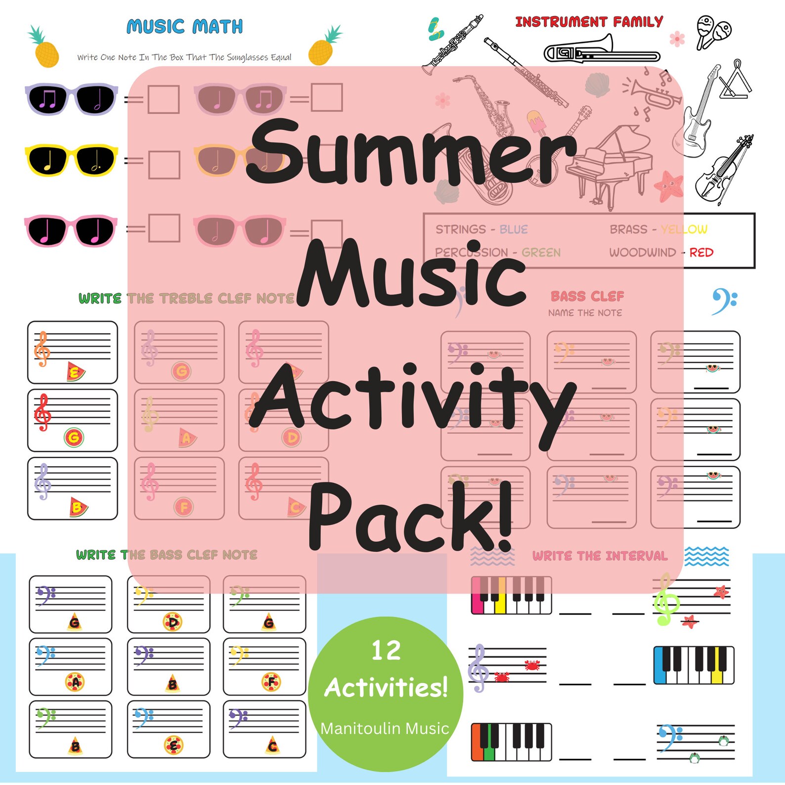 Summer Music Activity Pack 12 Pages Colouring Note Speller Music Teach ...