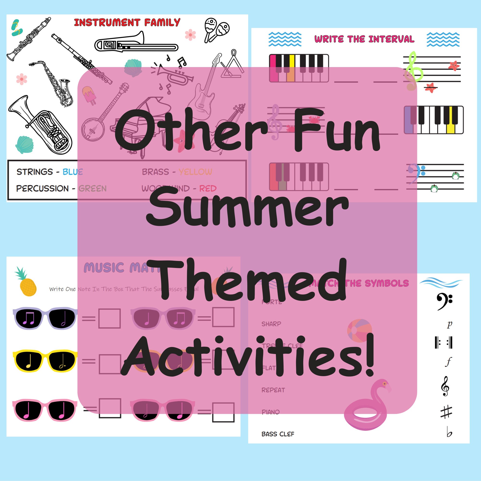 Summer Music Activity Pack 12 Pages Colouring Note Speller Music Teach ...
