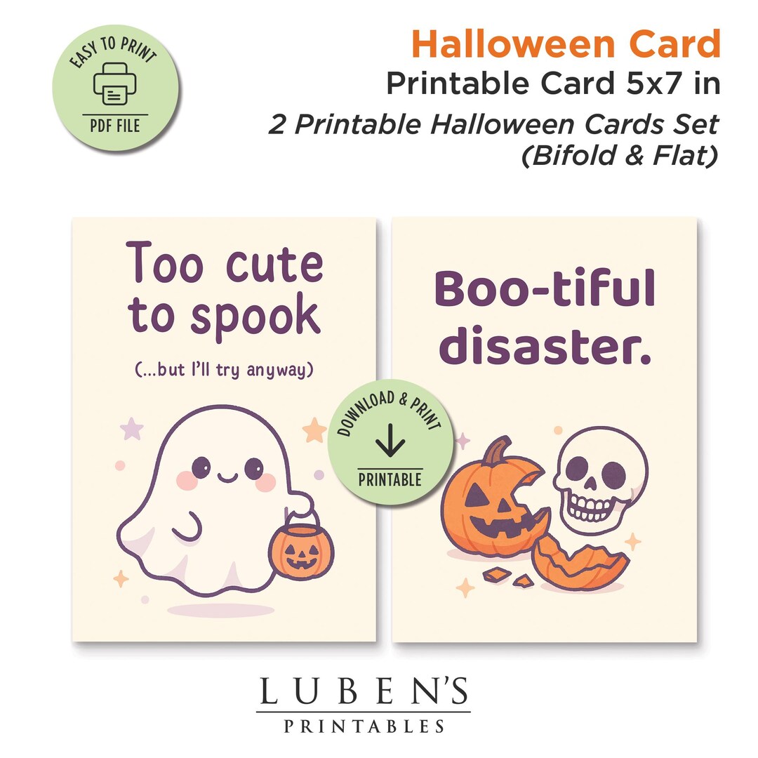 Printable Halloween Card Set | Cute Kawaii Ghost & Pumpkin | 5x7 Card ...