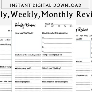 Printable Daily Review, Weekly Review, Monthly Review, Planner Insert ...