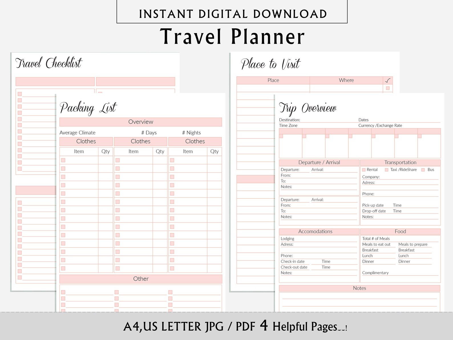 Travel Planner Printable, Trip Itinerary Packing List, Digital Vacation ...