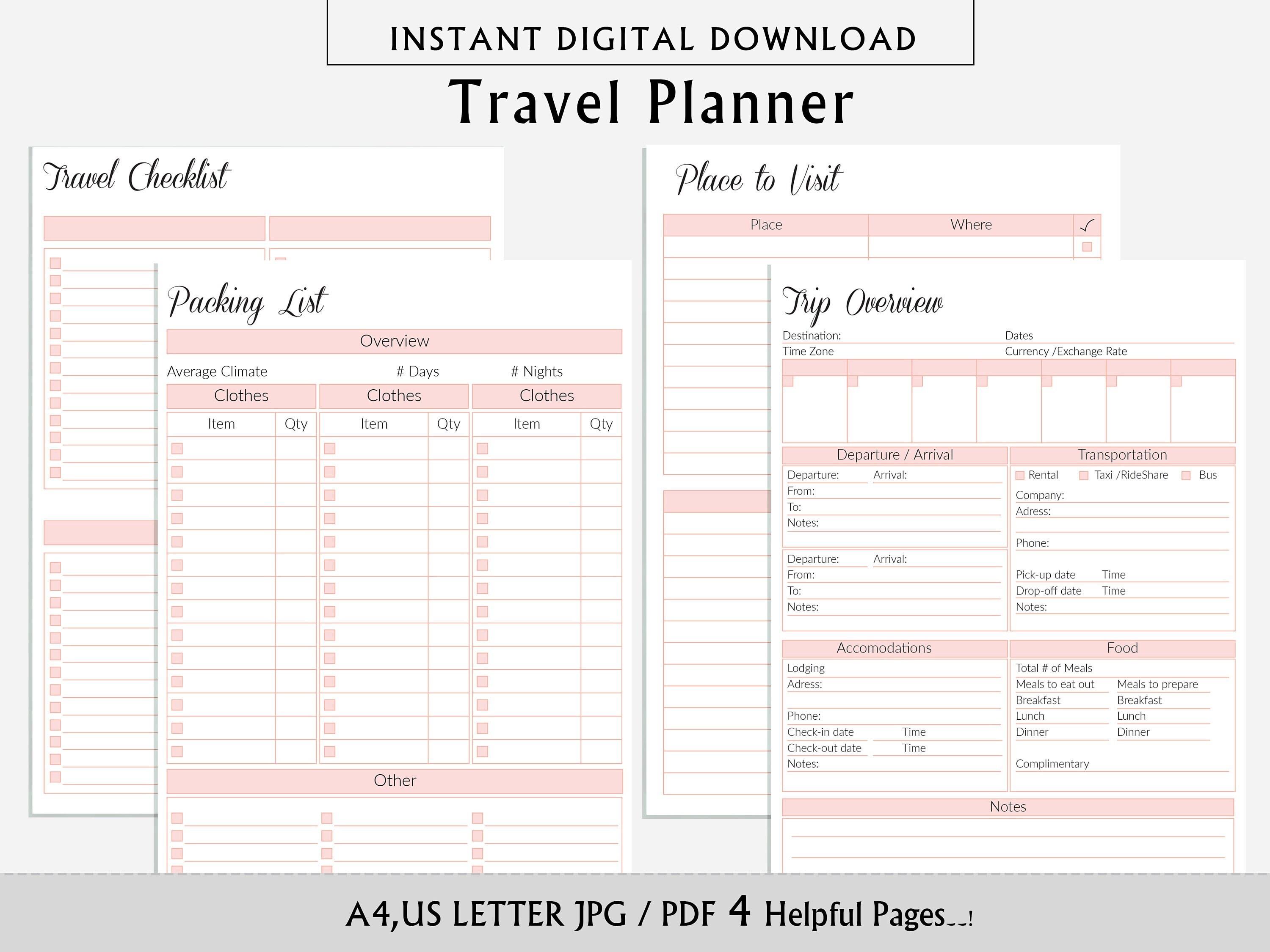 Travel Planner Printable, Trip Itinerary Packing List, Digital Vacation ...
