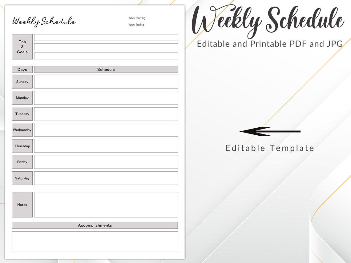 Editable Weekly Schedule, Weekly Planner Printable, Week at A Glance ...