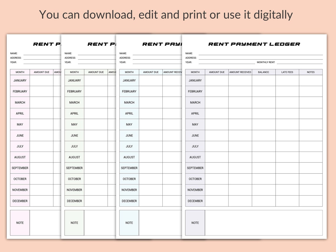 Rent Payment Ledger Editable, Rent Payment Tracker, Rent Payment Log ...