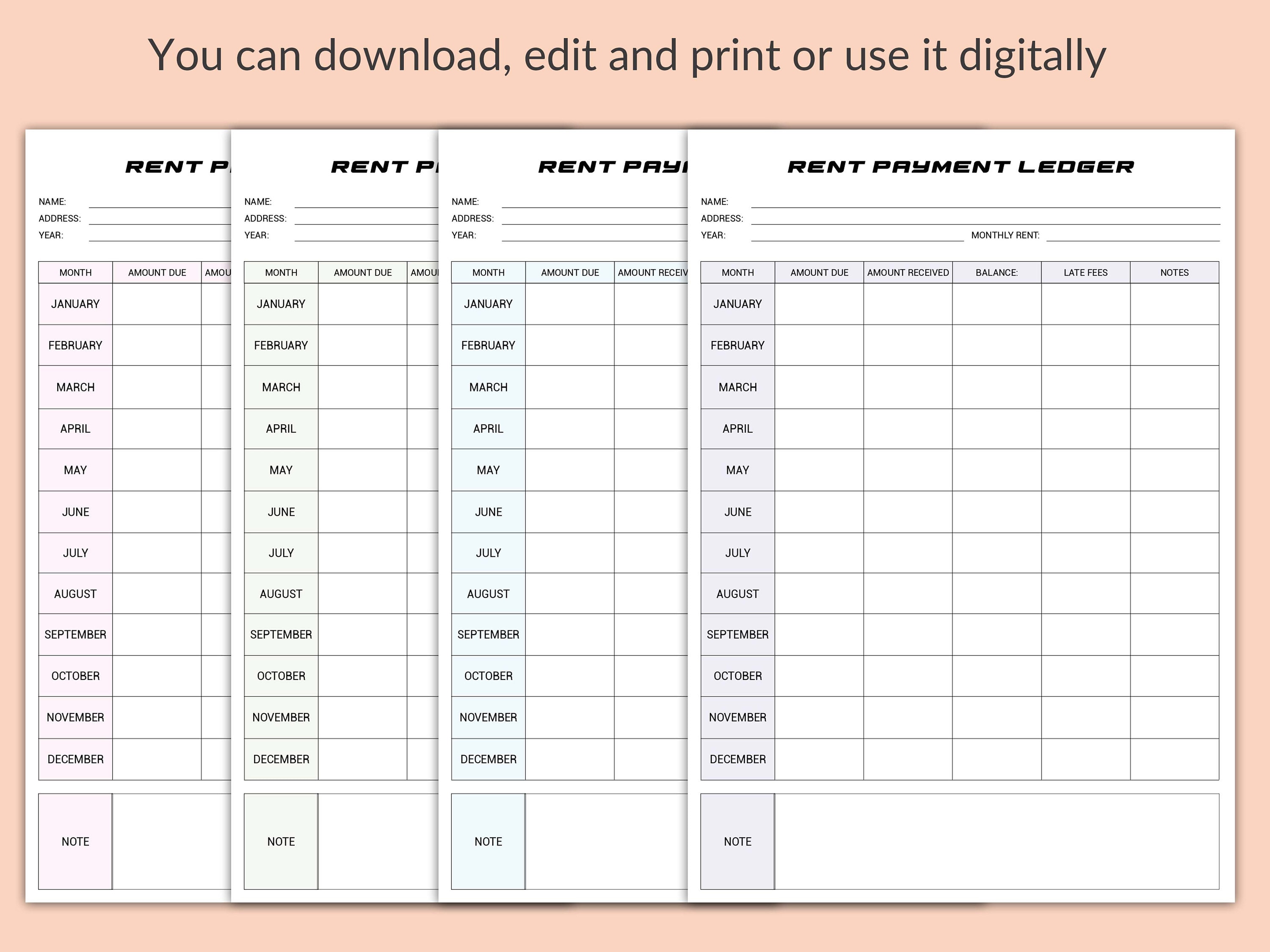 Rent Payment Ledger Editable, Rent Payment Tracker, Rent Payment Log ...