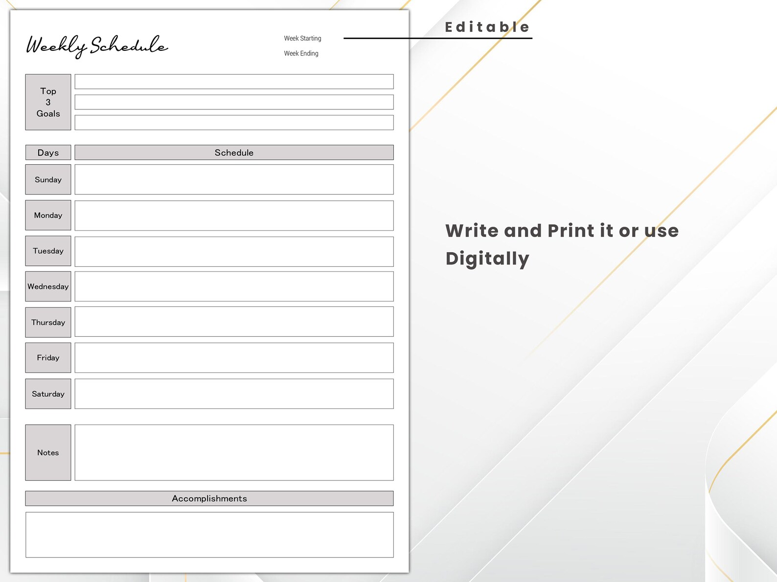 Editable Weekly Schedule, Weekly Planner Printable, Week at A Glance ...