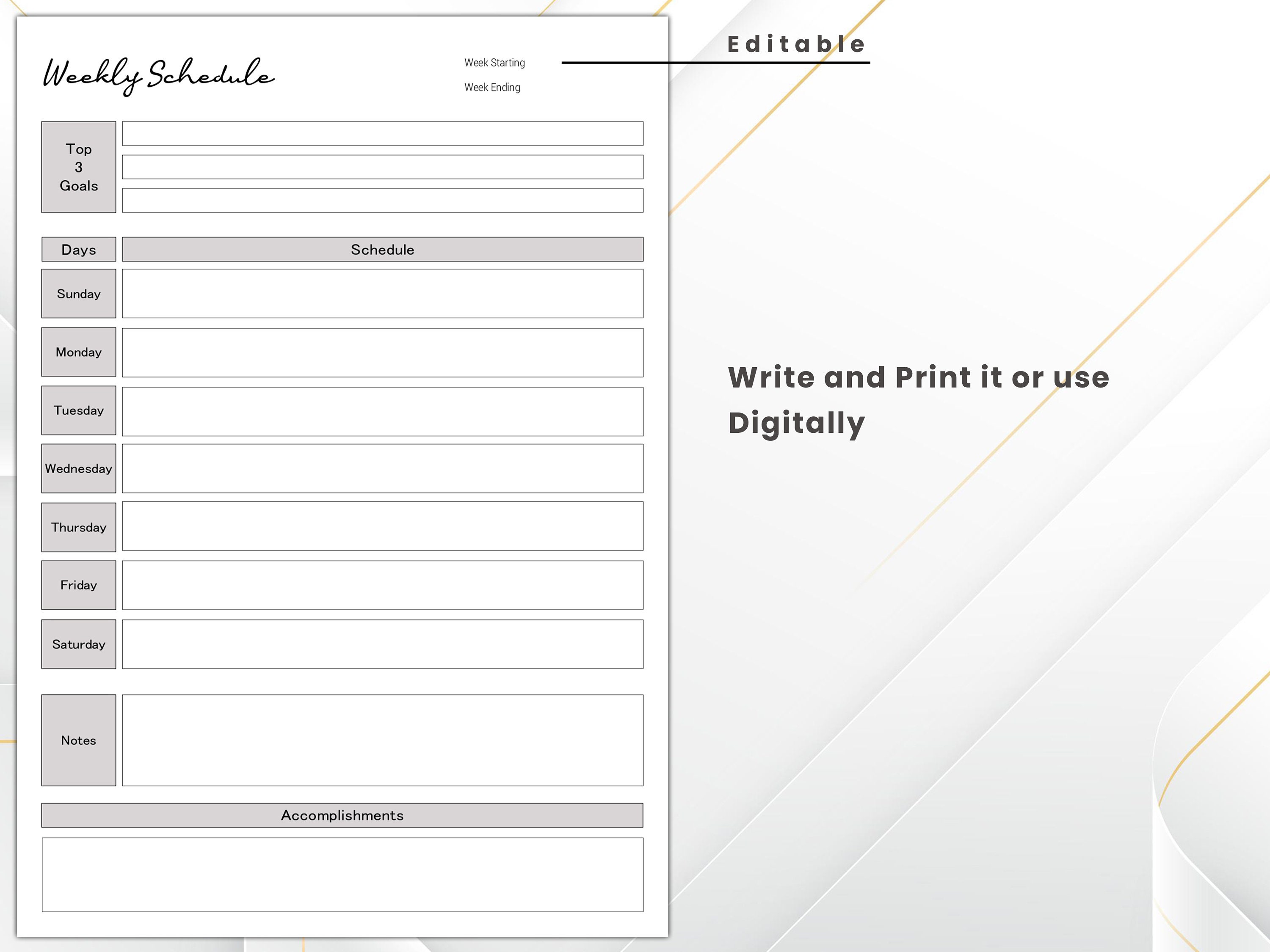 Editable Weekly Schedule, Weekly Planner Printable, Week at A Glance ...