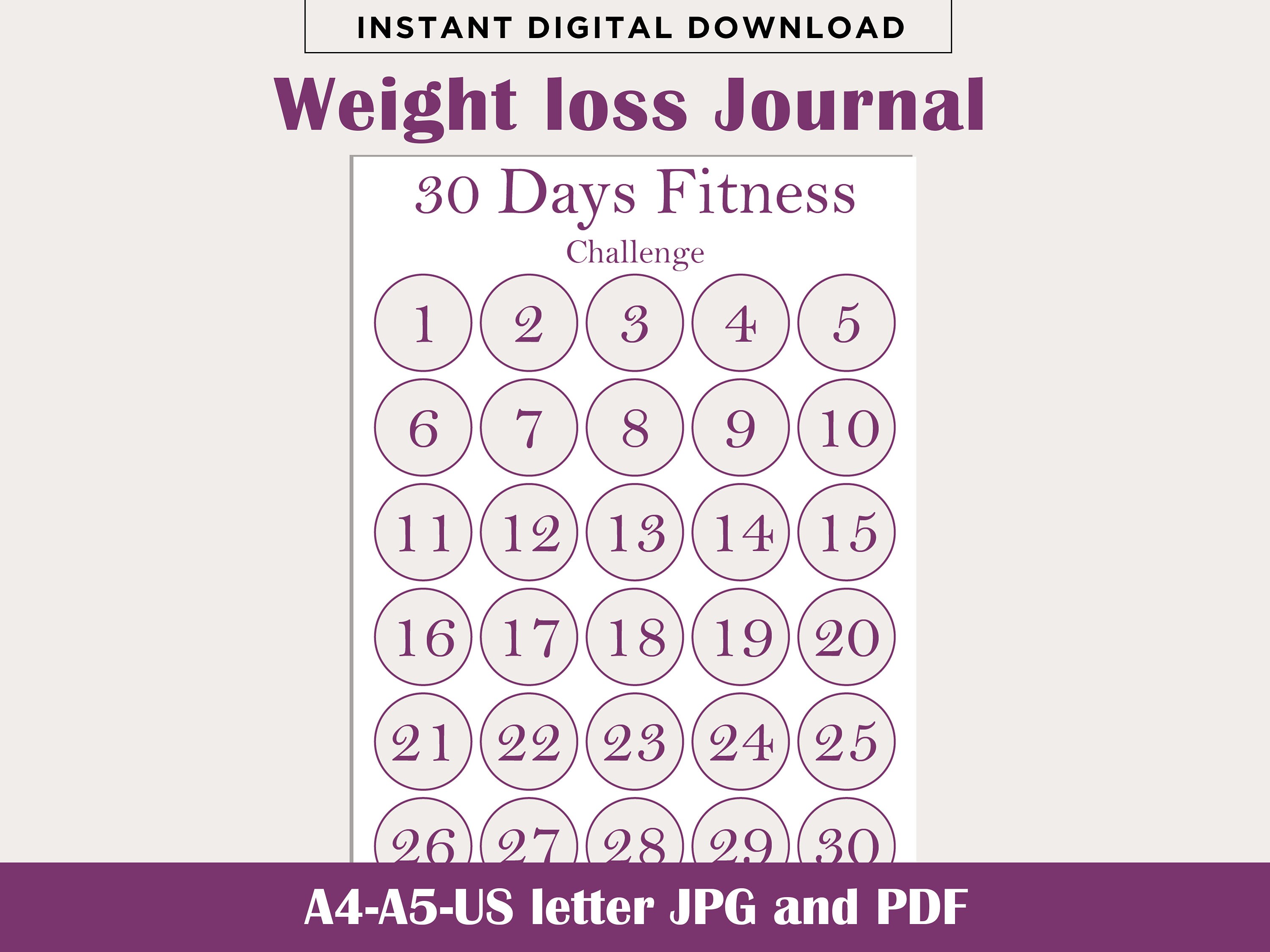 Weight Loss Journal Printable, 30 Days Challenge Weight Log Template ...