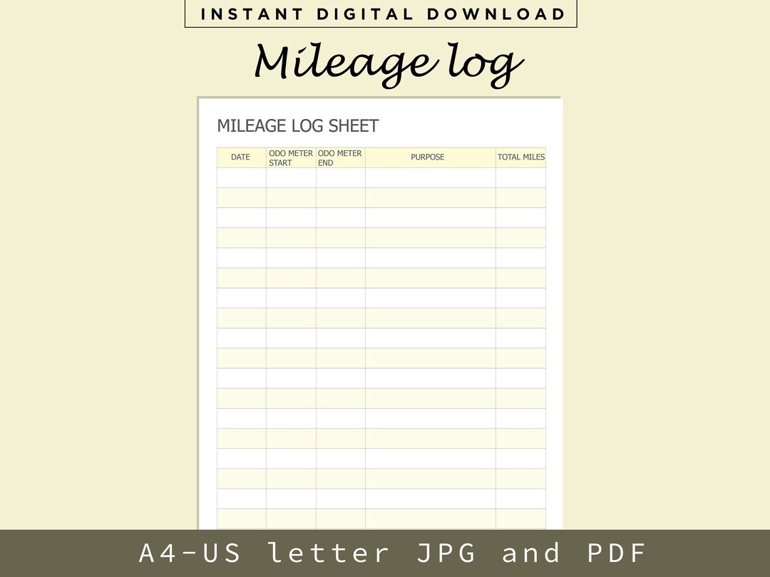 Mileage Log Sheet Printable, Vehicle Miles Tracker, Car Mileage Log, A4 ...