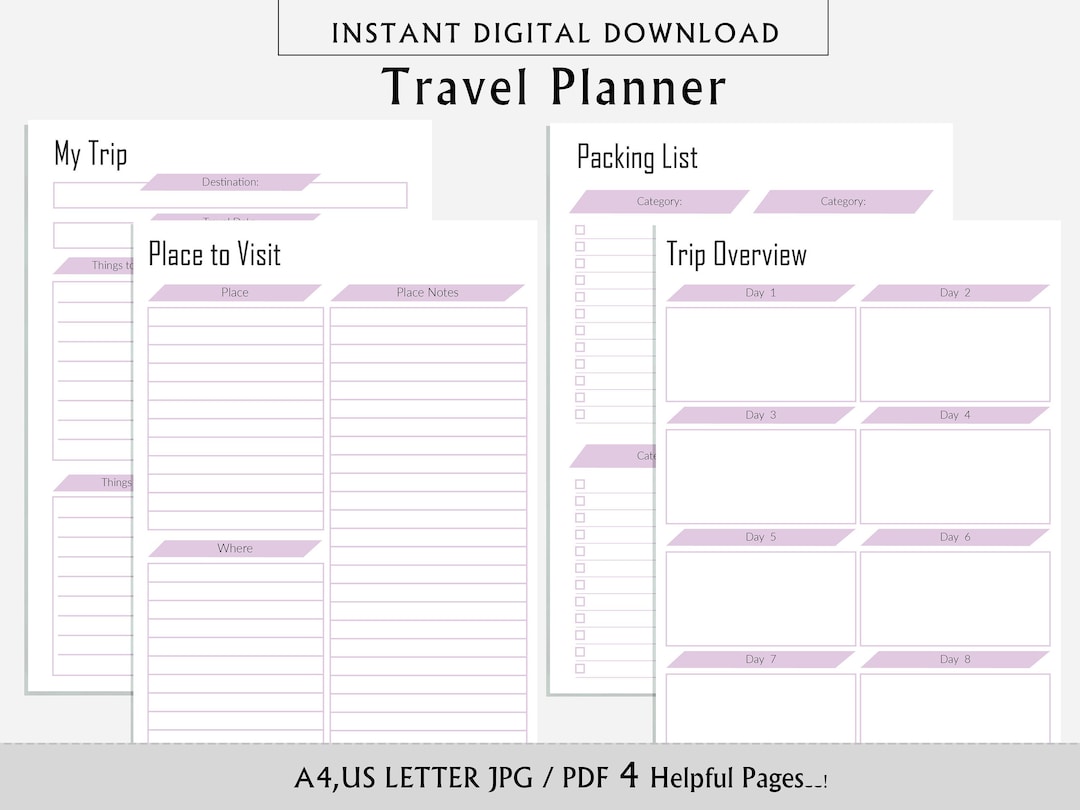 Travel Planner Printable, Trip Itinerary Packing List, Digital Vacation ...