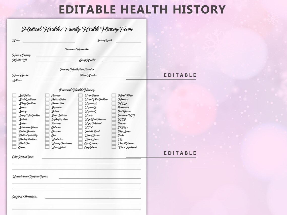Comprehensive Medical History Form, Your Health Your Story, Medical ...
