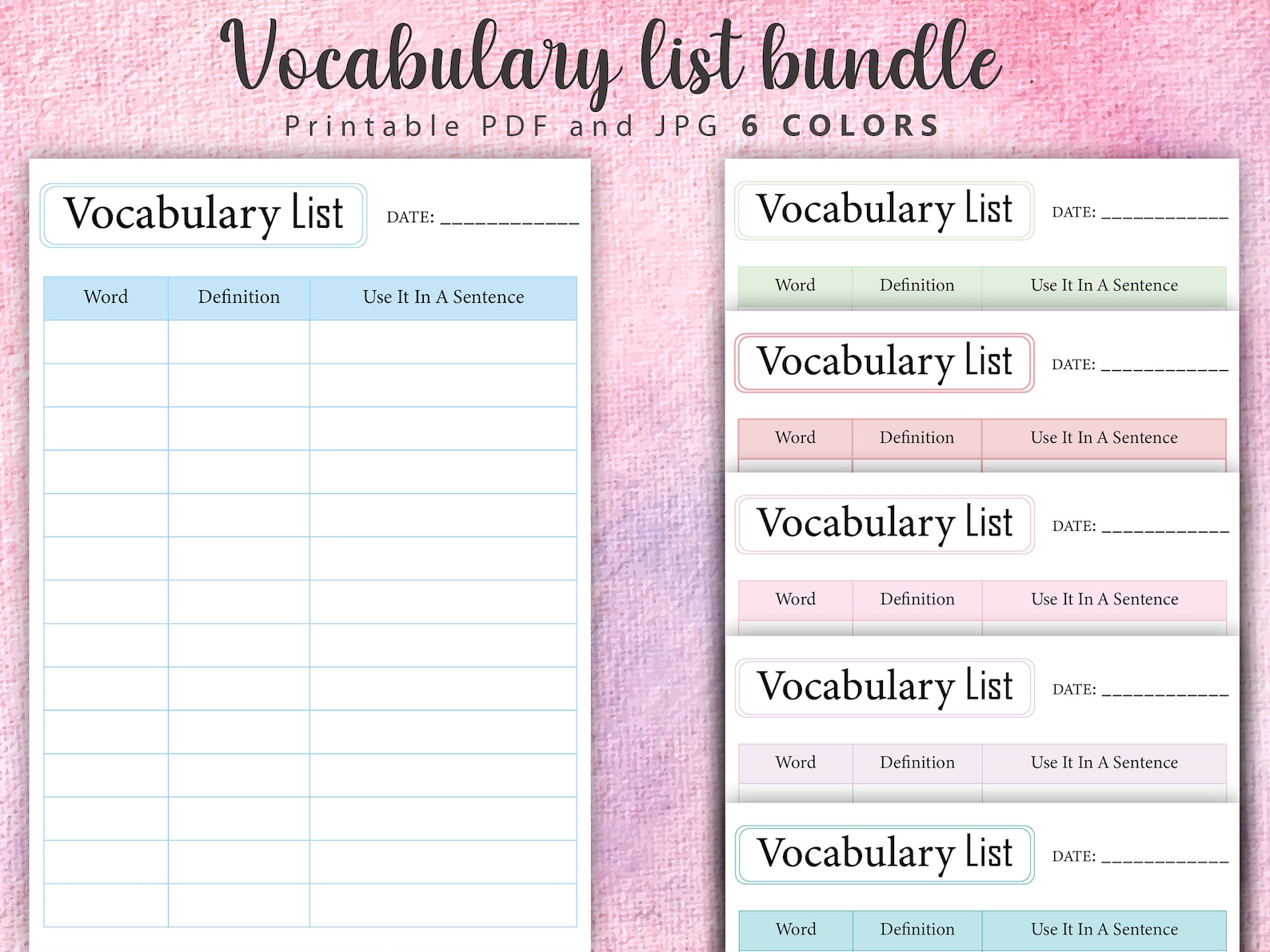 Printable Vocabulary List Bundle, Vocabulary Set Printable, Language ...