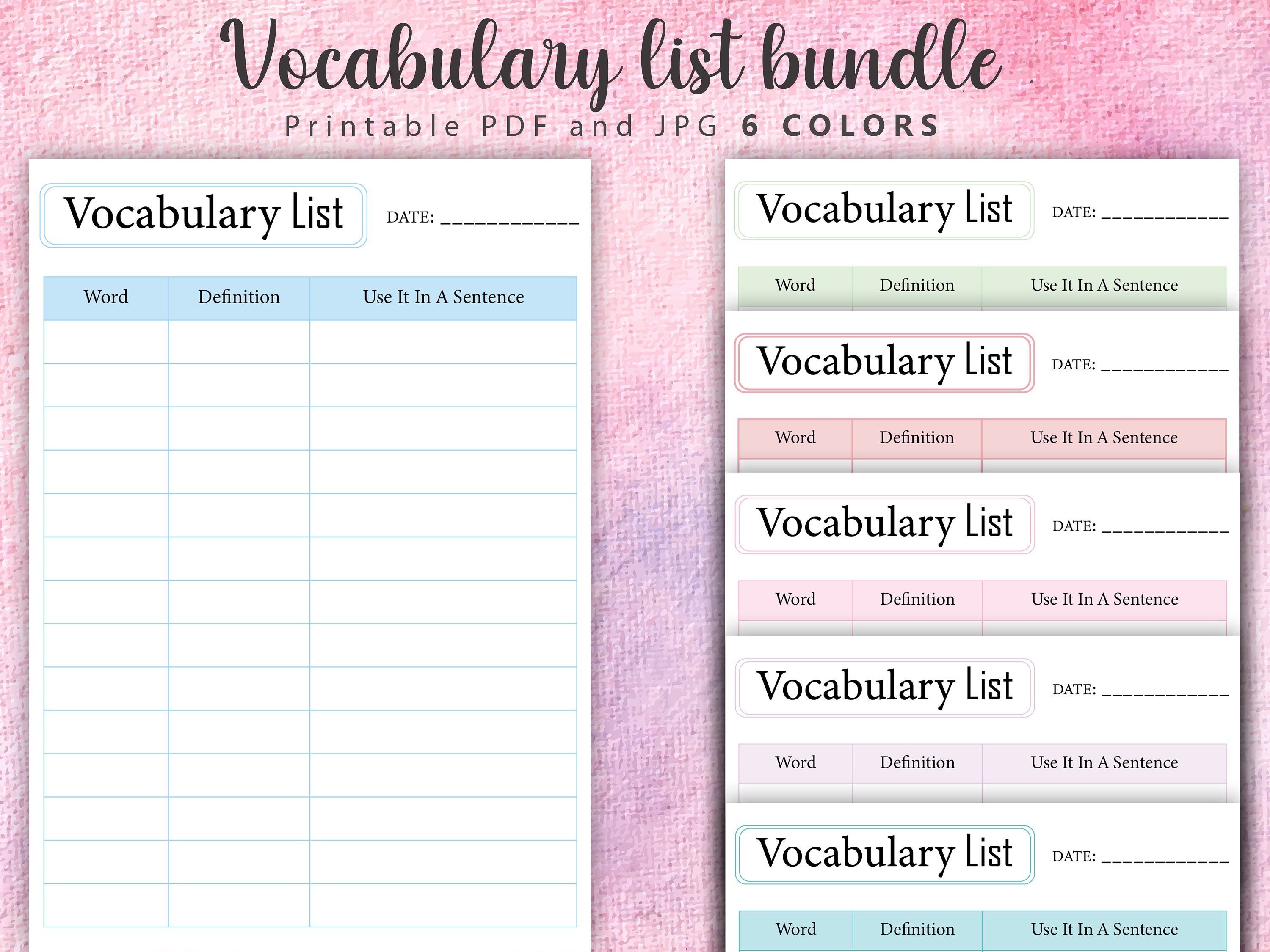 Printable Vocabulary List Bundle, Vocabulary Set Printable, Language ...
