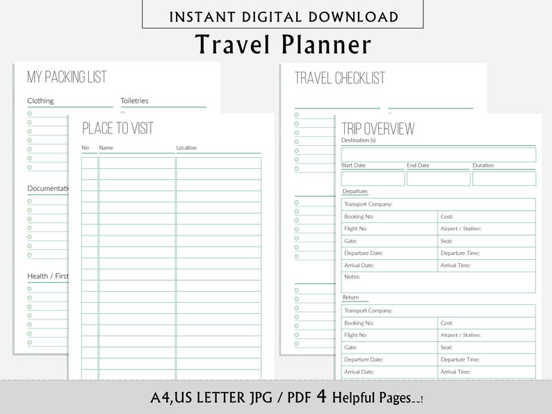 Travel Planner Printable Trip Itinerary Packing List Digital - Etsy