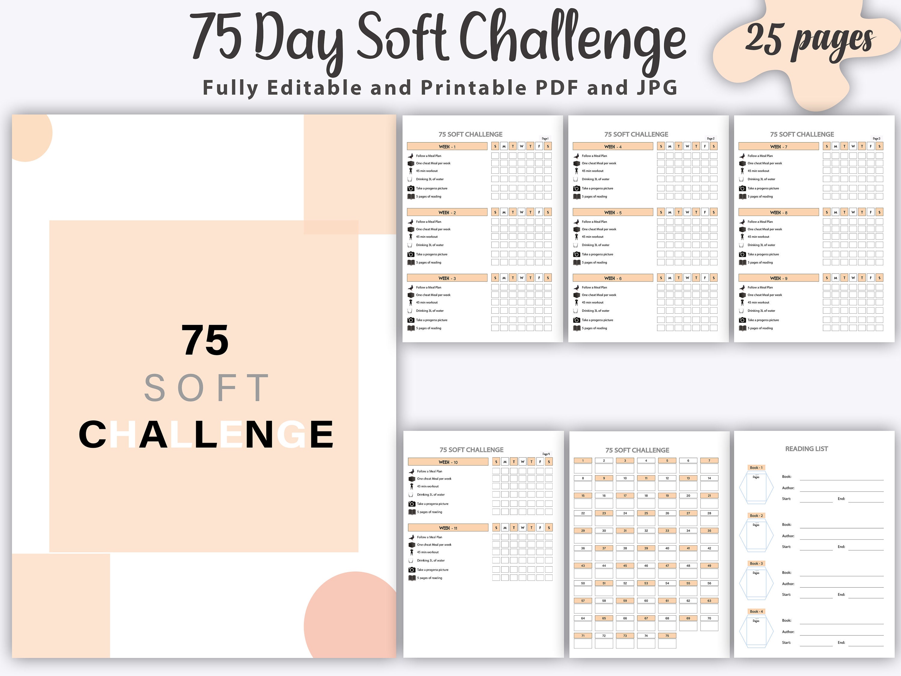 75 Soft Challenge Tracker Printable Editable,soft Challenge 75,75 Easy ...