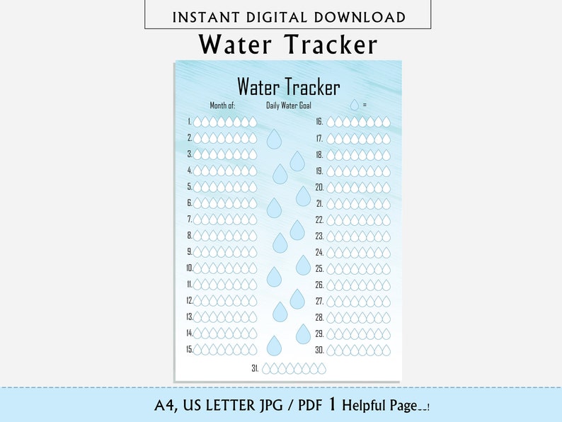 Blue Monthly Water Tracker,daily Water Tracking Log,30 Days Challenge,2 ...