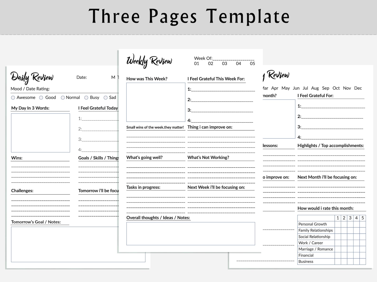 Printable Daily Review, Weekly Review, Monthly Review, Planner Insert, PDF A4, A5, Half Letter ...