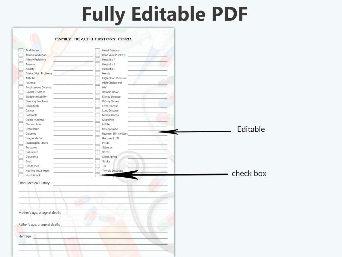Editable Medical History Form, Family Medical History Form , Medical ...