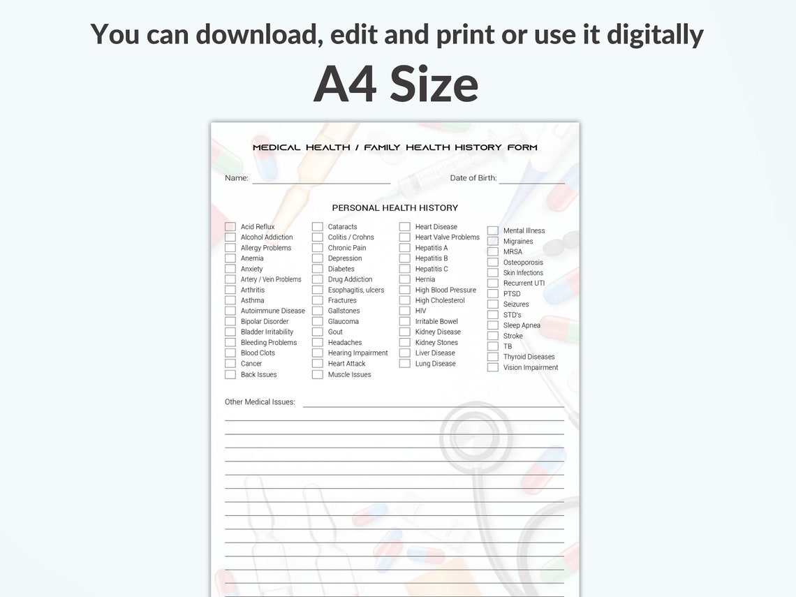 Editable Medical History Form, Family Medical History Form , Medical ...