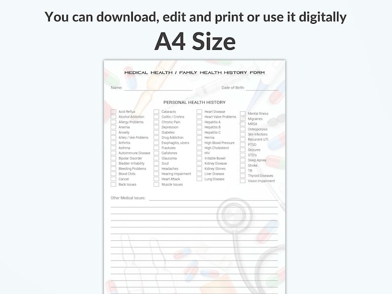 Editable Medical History Form, Family Medical History Form , Medical ...