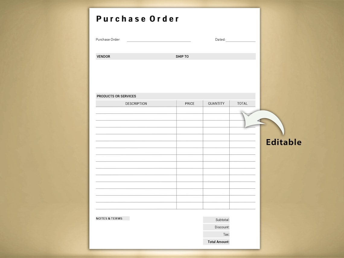 Editable Purchase Order Template, Editable Purchase Template, Invoice Form, Order Form, Order ...