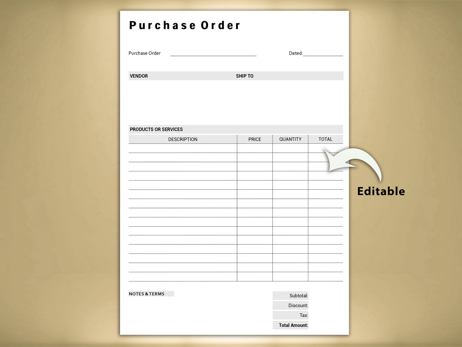 Editable Purchase Order Template, Editable Purchase Template, Invoice ...